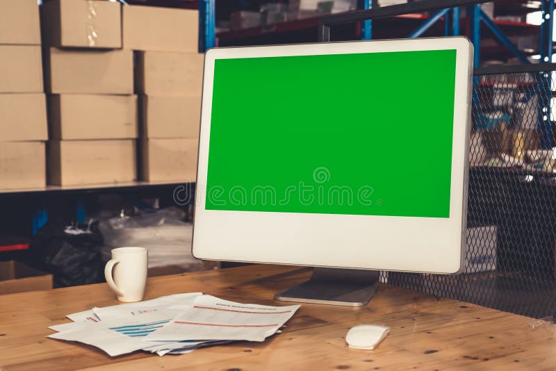 Computer with Green Screen Display in Warehouse Storage Room Stock ...