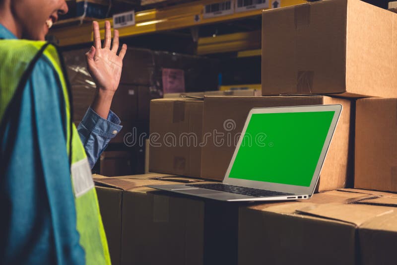 Computer with Green Screen Display in Warehouse Storage Room Stock ...