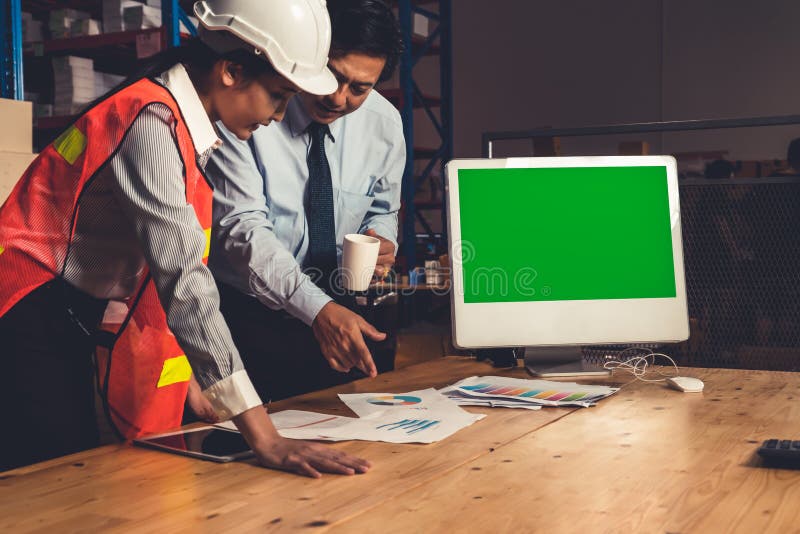 Computer with Green Screen Display in Warehouse Storage Room Stock ...