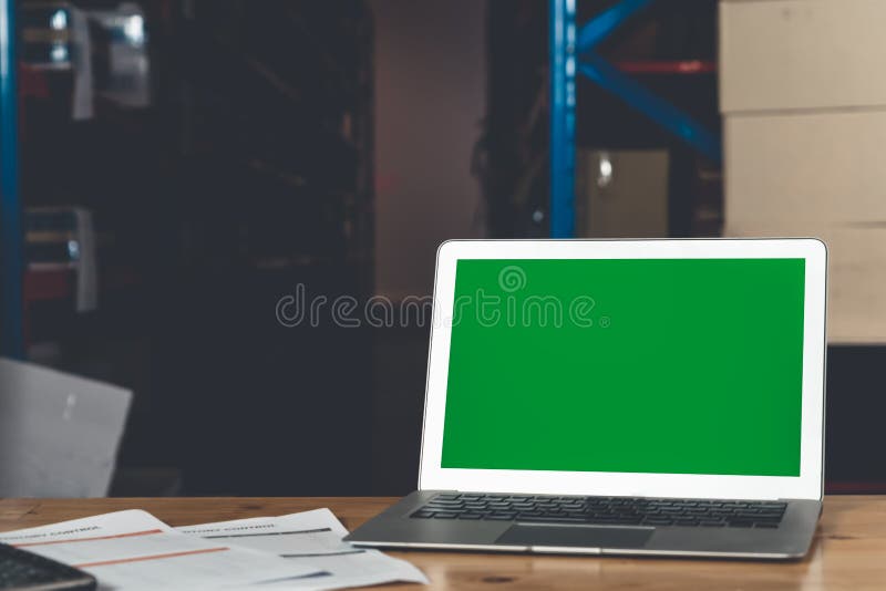 Computer with Green Screen Display in Warehouse Storage Room Stock ...