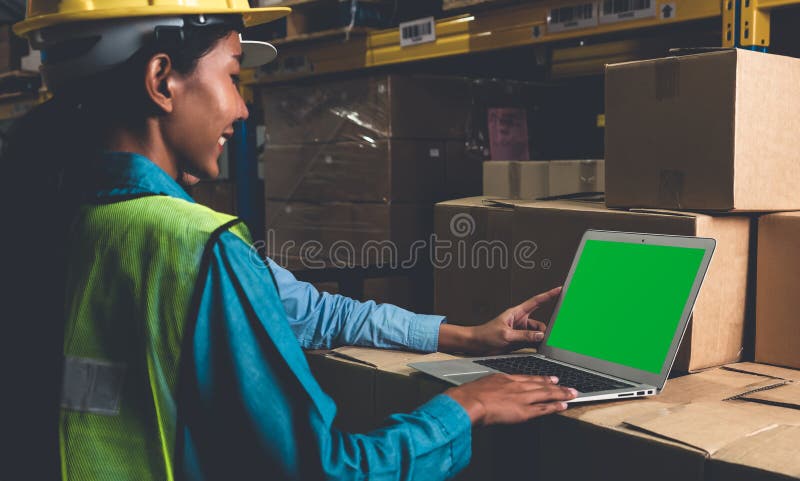 Computer with Green Screen Display in Warehouse Storage Room Stock ...