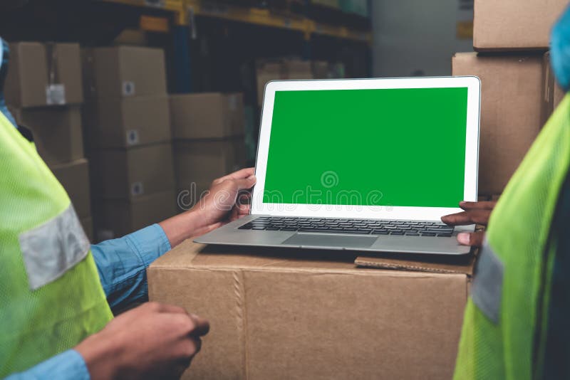 Computer with Green Screen Display in Warehouse Storage Room Stock ...