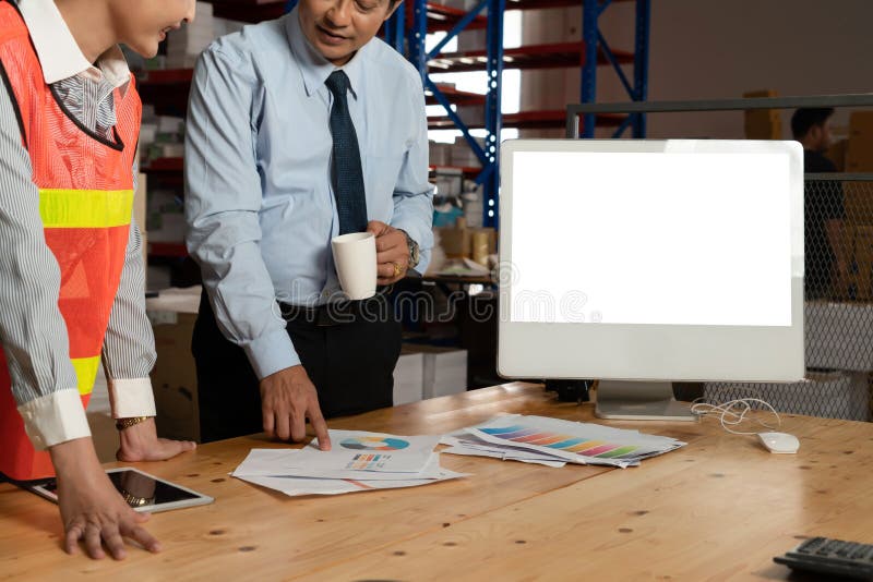 Computer with Green Screen Display in Warehouse Storage Room Stock ...