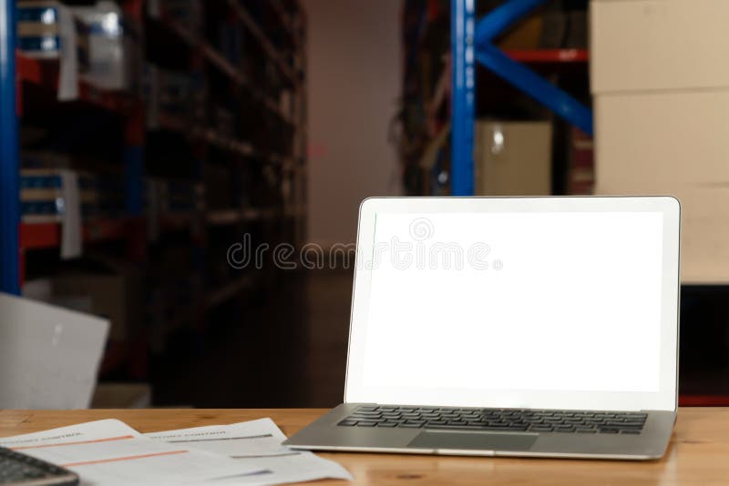 Computer with Green Screen Display in Warehouse Storage Room Stock ...