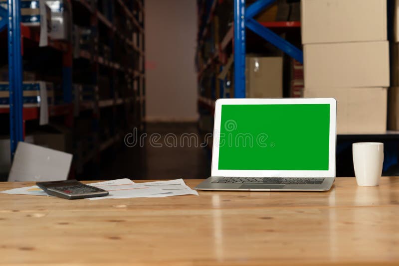 Computer with Green Screen Display in Warehouse Storage Room Stock ...