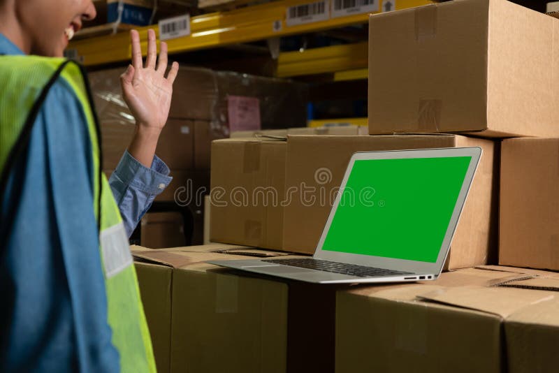 Computer with Green Screen Display in Warehouse Storage Room Stock ...