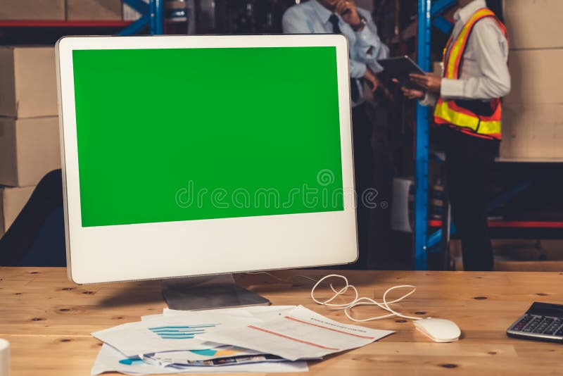 Computer with Green Screen Display in Warehouse Storage Room Stock ...