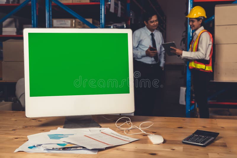 Computer with Green Screen Display in Warehouse Storage Room Stock ...