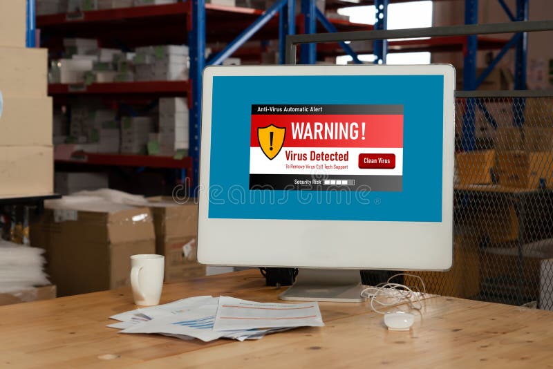 Computer with Green Screen Display in Warehouse Storage Room Stock ...