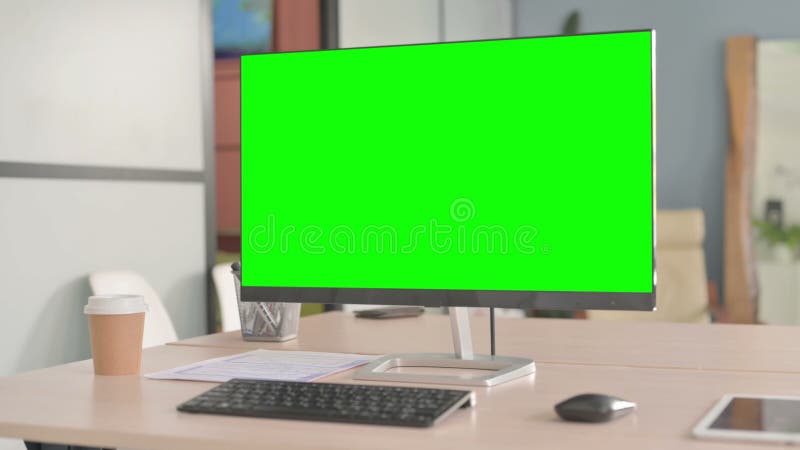 Computer with Green Screen in Office, Chroma Key Stock Video - Video of ...