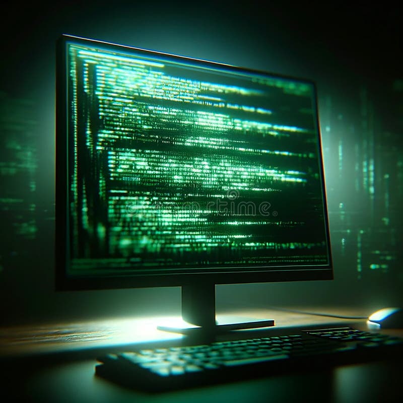 A Computer with a Green Unknown Code on Its Screen Stock Image - Image ...