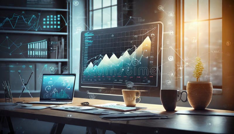 Computer with Growing Graph Stock Illustration - Illustration of ...