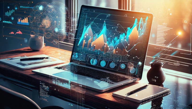 Computer with Growing Graph Stock Illustration - Illustration of screen ...