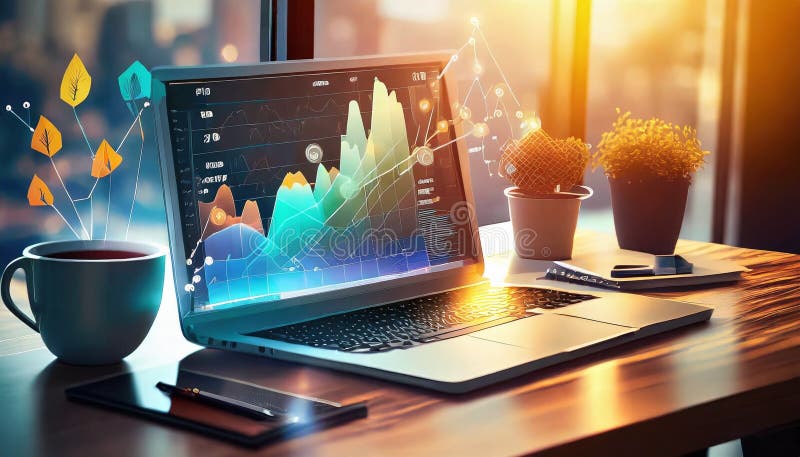 Computer with Growing Graph Stock Illustration - Illustration of ...