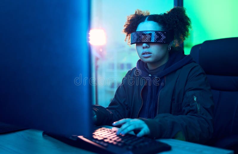 Computer Hacker Cyberpunk And Neon Girl Hacking Software Online