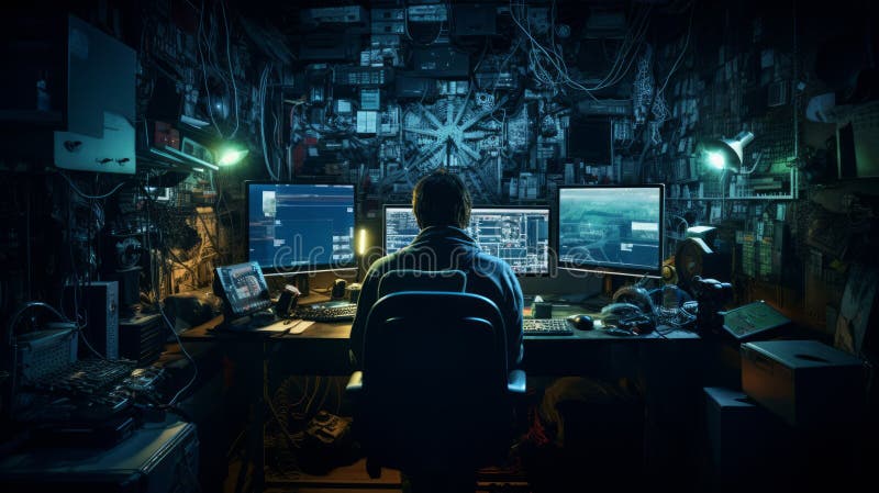 Computer Hacker Doing Coding On Computer While Sitting At Dark Office Neural Network Ai