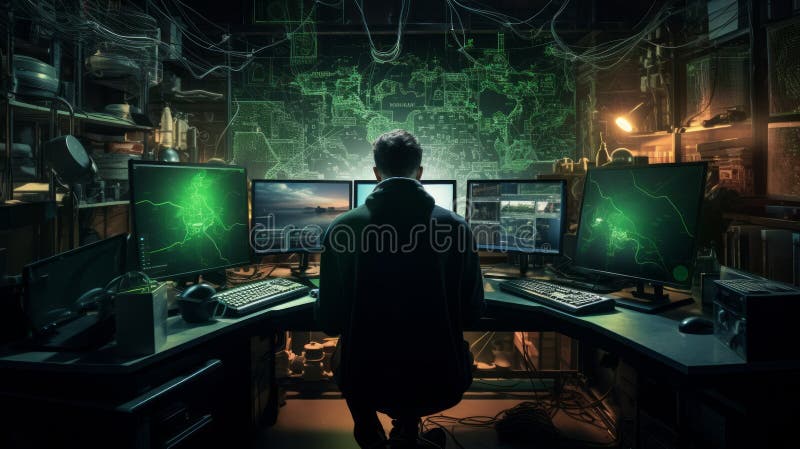 Computer Hacker Doing Coding On Computer While Sitting At Dark Office Neural Network Ai