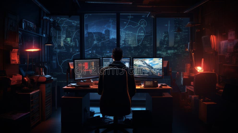 Computer Hacker Doing Coding on Computer while Sitting at Dark Office. Neural Network Ai ...