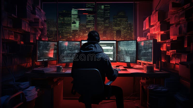 Computer Hacker Doing Coding On Computer While Sitting At Dark Office
