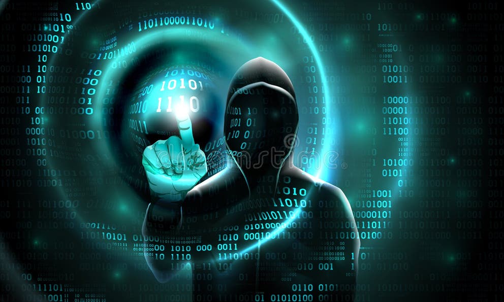 Computer Hacker with a Hood Touches Touch Screen Binary Code. Abstract ...