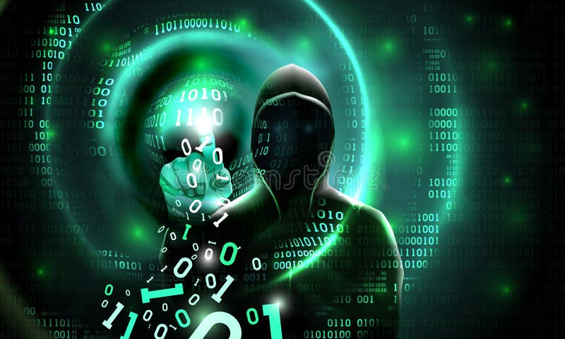 Silhouette Of A Hacker In A Hood With Binary Code On A Luminous Blue Background Stock Vector 4523