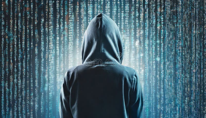 Computer Hacker in Hoodie, Abstract Binary Background. Dark Net. Back View Stock Illustration ...