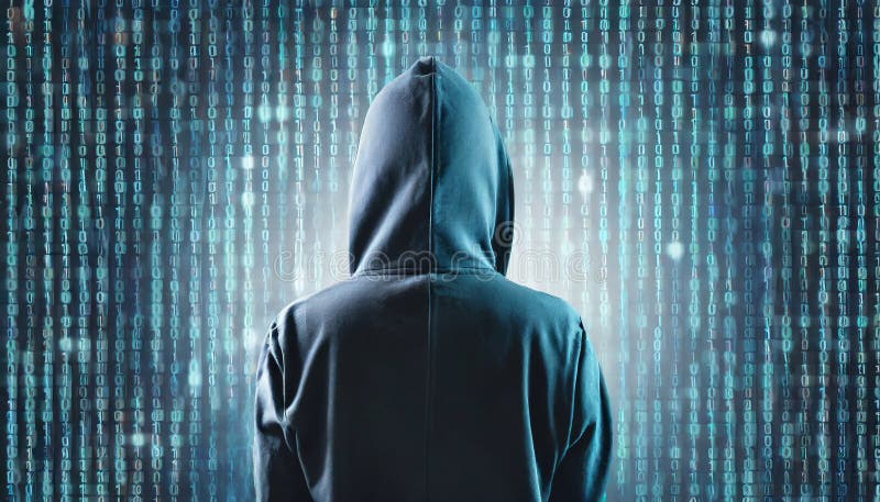 Computer Hacker in Hoodie, Abstract Binary Background. Dark Net. Back View Stock Illustration ...