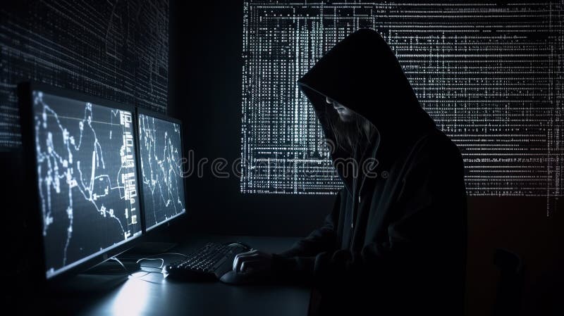 Computer Hacker in Hoodie with Matrix Code instead His Face on Blue ...