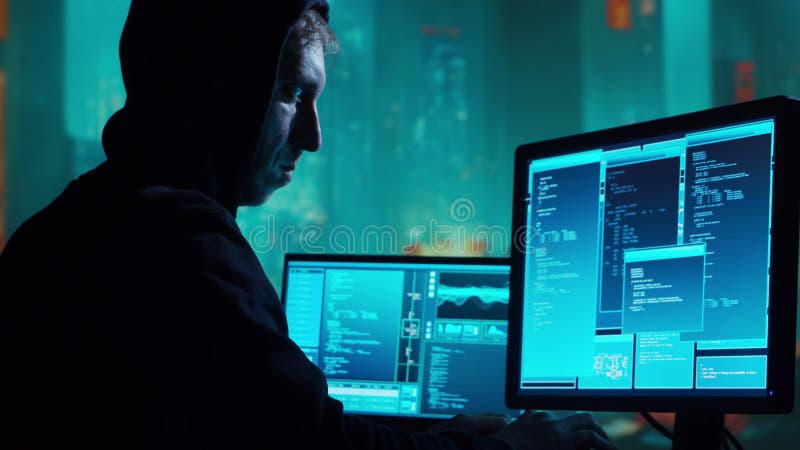 Computer Hacker in Hoodie. Obscured Dark Face. Hacker Attack, Virus ...