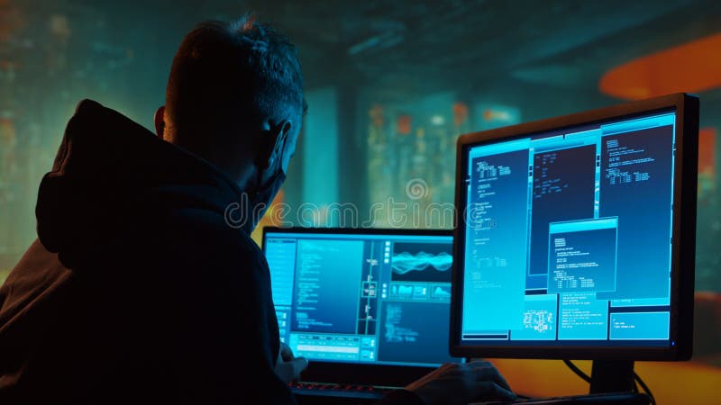 Computer Hacker in Hoodie. Obscured Dark Face. Concept of Hacker Attack ...