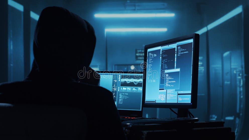 Computer Hacker in Hoodie. Obscured Dark Face. Concept of Hacker Attack ...