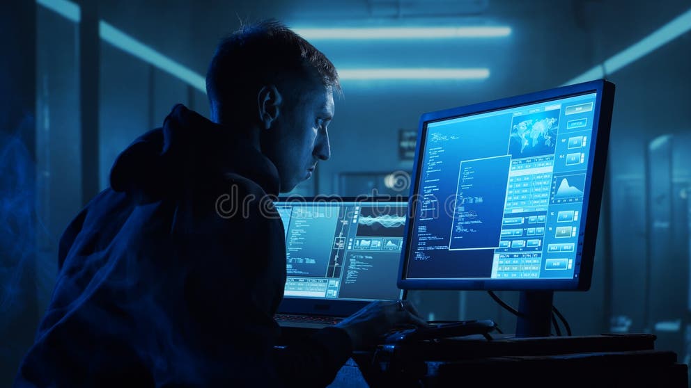 Computer Hacker in Hoodie. Obscured Dark Face. Concept of Hacker Attack ...