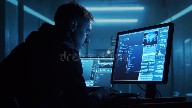 Computer Hacker in Hoodie. Obscured Dark Face. Concept of Hacker Attack ...