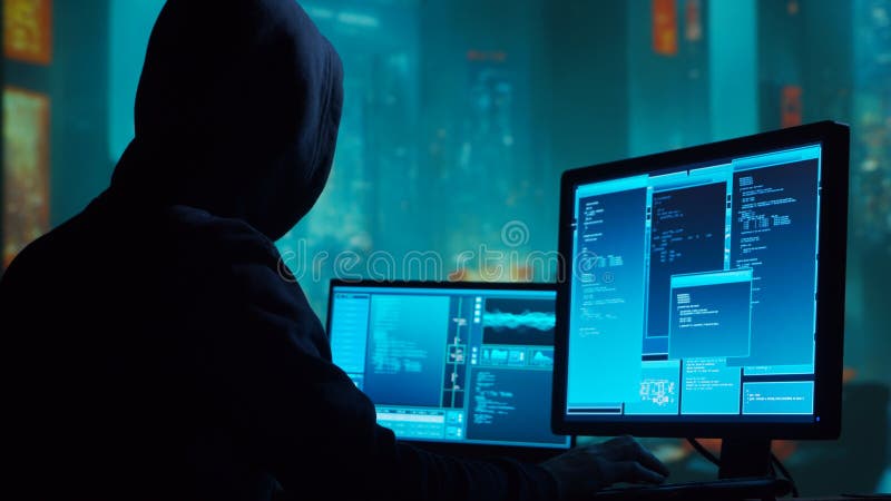 Computer Hacker in Hoodie. Obscured Dark Face. Concept of Hacker Attack ...
