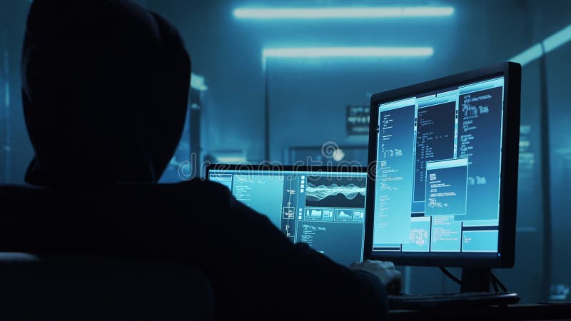 Computer Hacker In Hoodie Obscured Dark Face Hacker Attack Virus Infected Software Dark Web