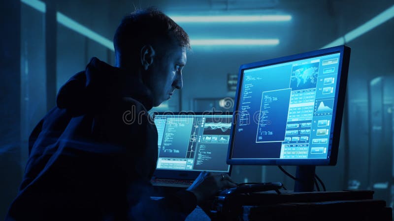 Computer Hacker in Hoodie. Obscured Dark Face. Hacker Attack, Virus Infected Software, Dark Web ...