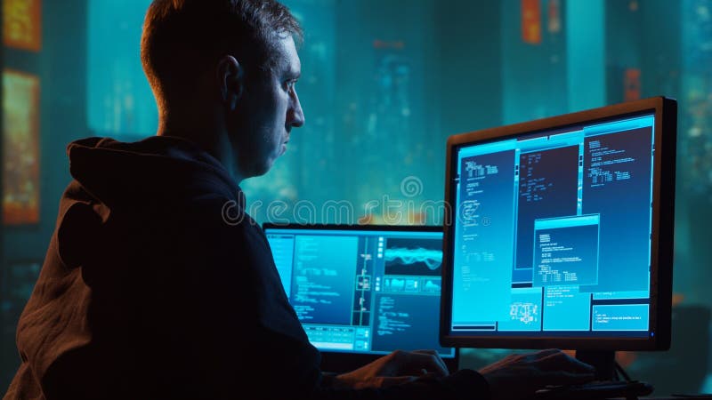 Computer Hacker in Hoodie. Obscured Dark Face. Concept of Hacker Attack ...