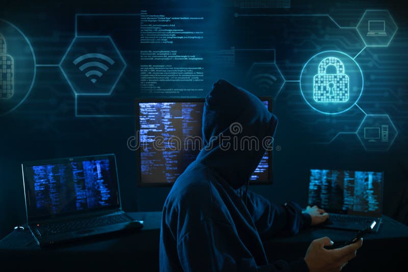 Cyber Crime Hacker Using Mobile Phone Stock Photo - Image of online ...
