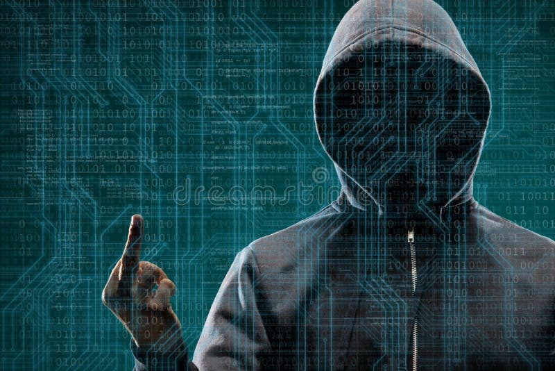 Computer Hacker in Mask and Hoodie Over Abstract Binary Background. Obscured Dark Face Stock ...