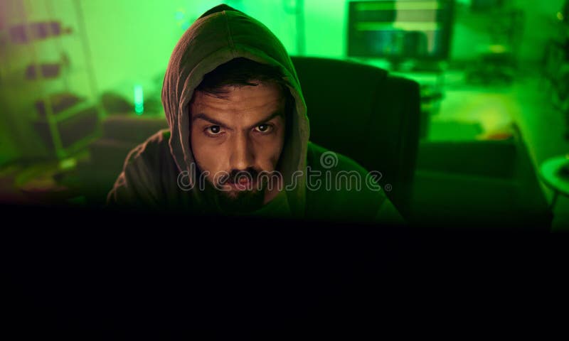 Computer Hacker, Night and Neon Man Hacking Online Database Software, Website Server or Password ...