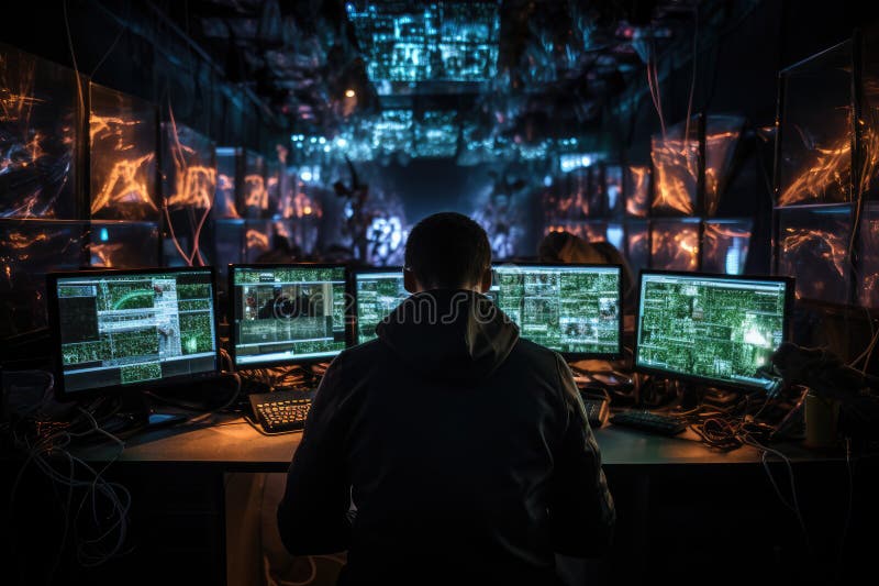 Computer Hacker Operating within the Darknet, Surrounded by Screen. AI ...