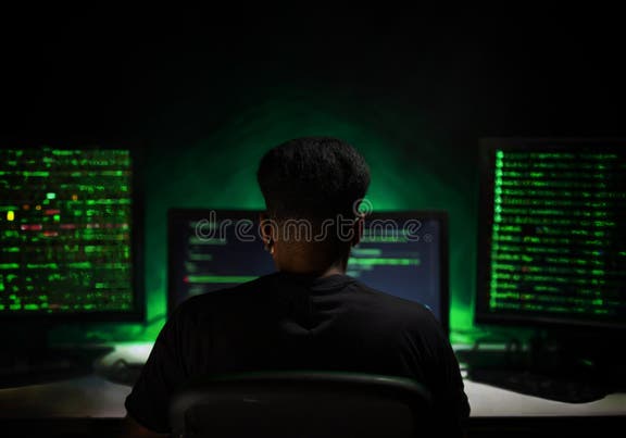 Computer Hacker Operating Computer System in a Dark Room Stock ...