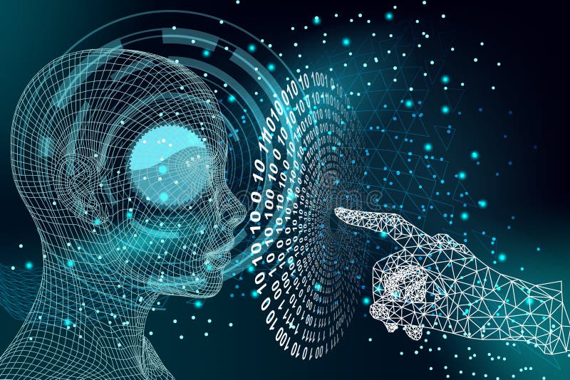 Computer Hacker Point Finger To a Screen Security Icon and Binary. Artificial Intelligence Stock ...