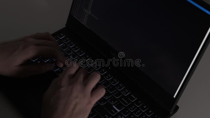 Computer Hacker Typing Code on Keyboard. Night Working. Close Up. Stock ...