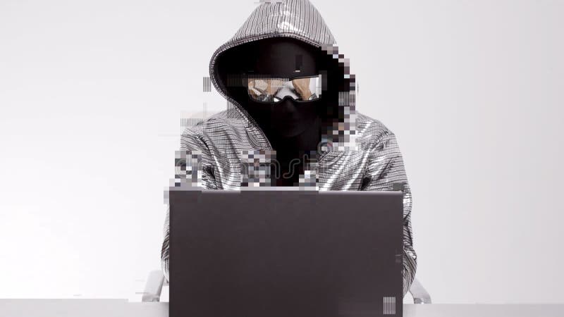 Computer Hacker in Silver Jacket Stock Footage - Video of coat, face ...