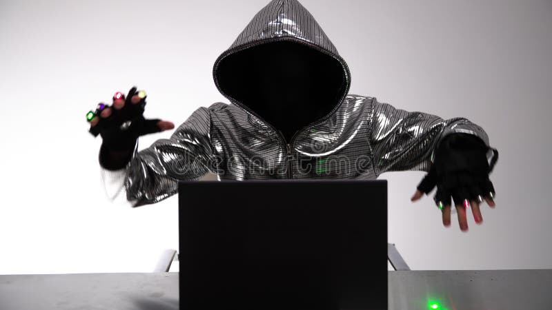 Computer Hacker in Silver Jacket Stock Video - Video of hooded, silver ...