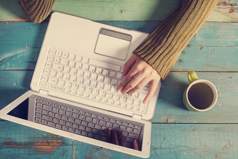 Computer and Hands with Cup of Coffee Stock Image - Image of finger ...