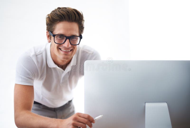 Computer, Happy Man and Portrait of Technician with Cable, Hardware or ...