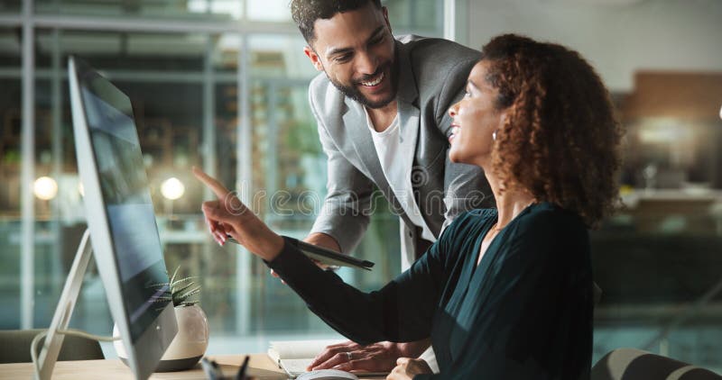 Computer, Happy Team and Business People in Training, Help or Mentor ...