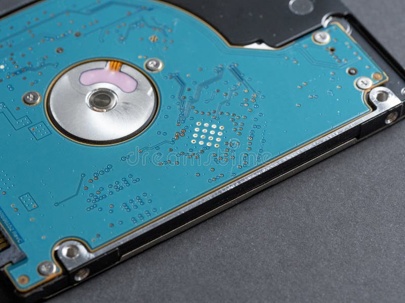 Computer Hard Disk Top View Close Up on a Dark Paper Background Stock ...